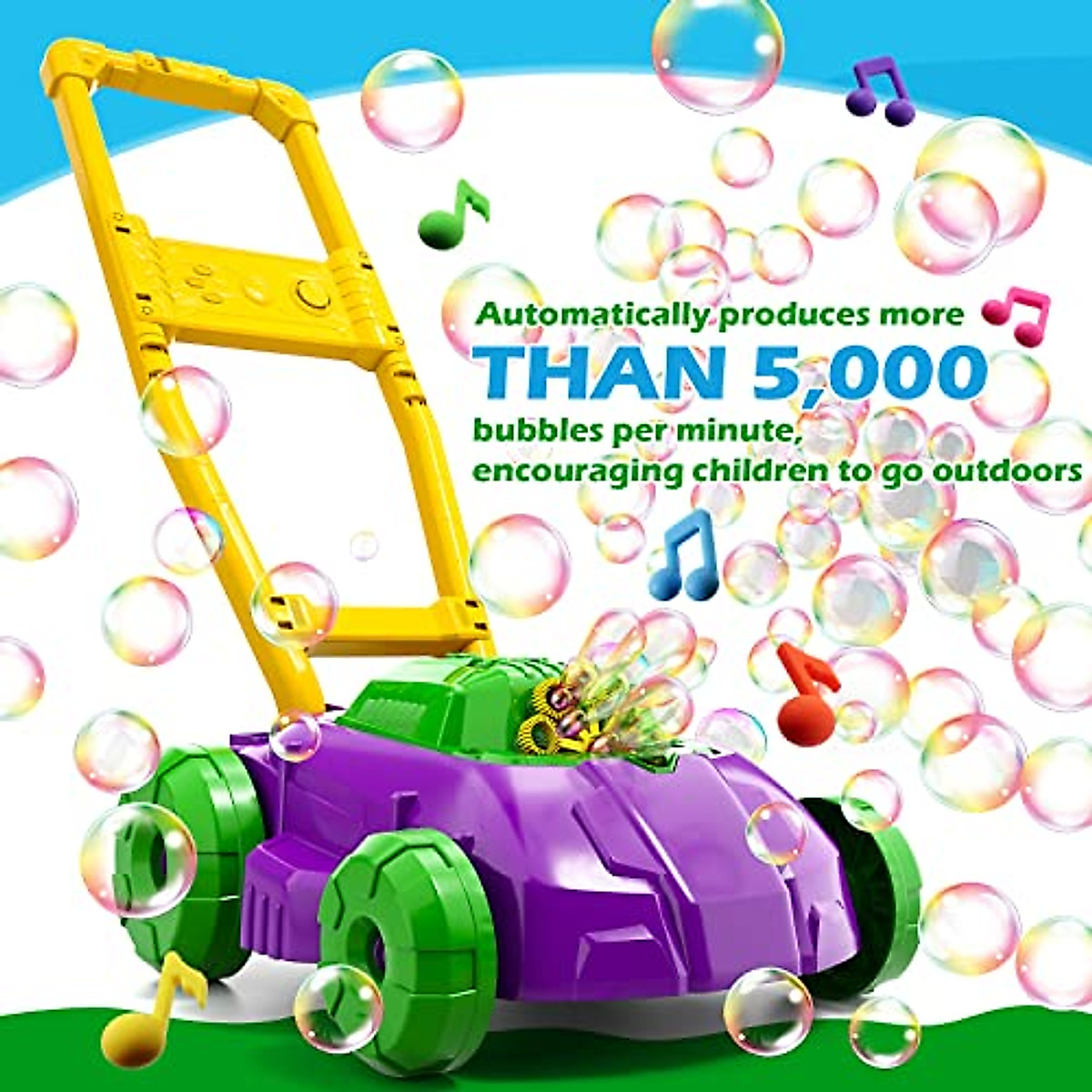 Purple and Green Bubble Lawn Mower for Toddlers, Bubble Makers for Kids, Summer Outdoor Backyard Gardening Toys, Birthday Gifts for Preschool Boys Girls