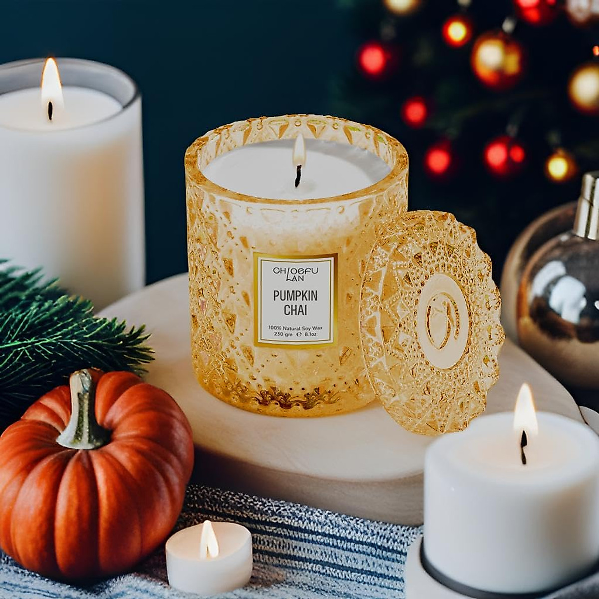 Chloefu LAN Pumpkin Chai Scented Candles Halloween Candles Gift, Farmhouse Candles for Home Scented, Luxury Scented Soy Jar Fall Candles with up to 55 Hour Long Lasting, Home Decor, 8.1oz