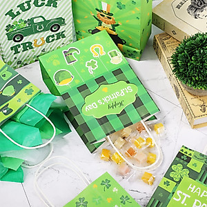MIMIND 24 Pack St. Patrick's Day Gift Bags with 24 Sheets Tissue Paper Irish Green Clover Goodie Treat Bags with Handle Shamrock Theme Party Favor Bags for St. Patrick's Day Party Supplies, 8 Designs