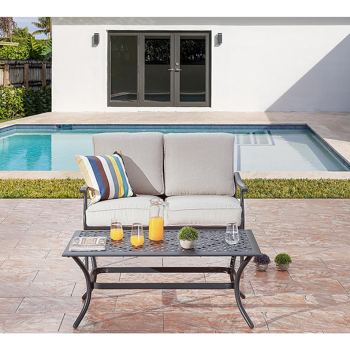 ARTLOFT Patio Loveseat with Coffee Table Outdoor Conversation Loveseat Porch Furniture Set Sofa for Balcony, Backyard, and Deck with Soft Cushions and Metal Table (White)