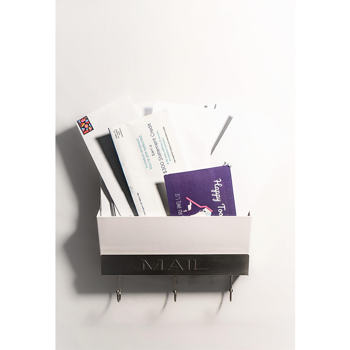 FantasHome Metal Hook Rack with 3 Hooks and Plastic Mail Holder Storage Basket on The Wall for Entryway(White)