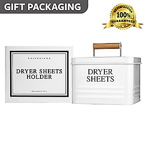 Calindiana Modern Farmhouse Metal Laundry Dryer Sheets Holder Fabric Softener Dispenser with Lid for Laundry Room Decor and Accessories and Space Saving Laundry Room Organization and Storage, White