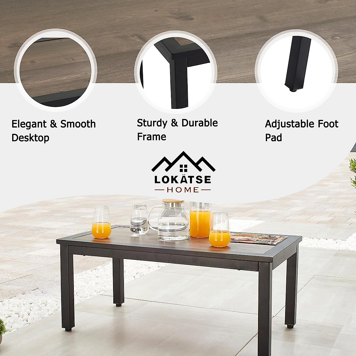 LOKATSE HOME Outdoor Rectangular Metal Coffee Table Patio Furniture with Wood Grain Top for Backyard, Deck, Lawn, Garden, Black