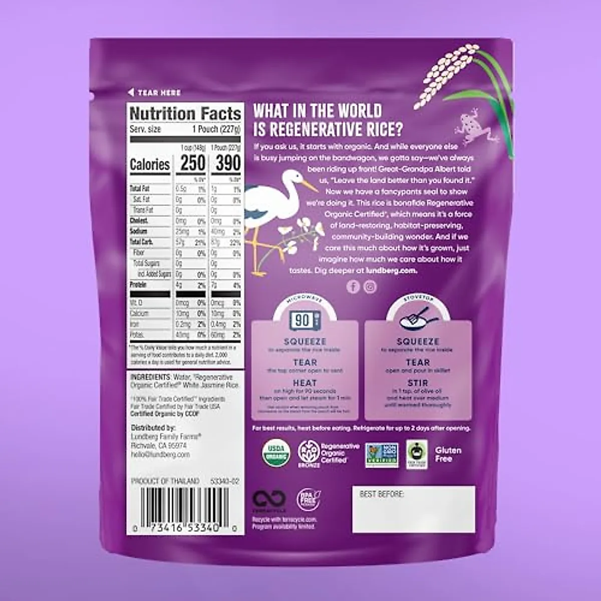 Lundberg Jasmine Rice, Long Grain White Rice - Non-Sticky, Fluffy Aromatic Rice, Sustainably Grown in California, Regenerative Organic Certified, 8 Oz