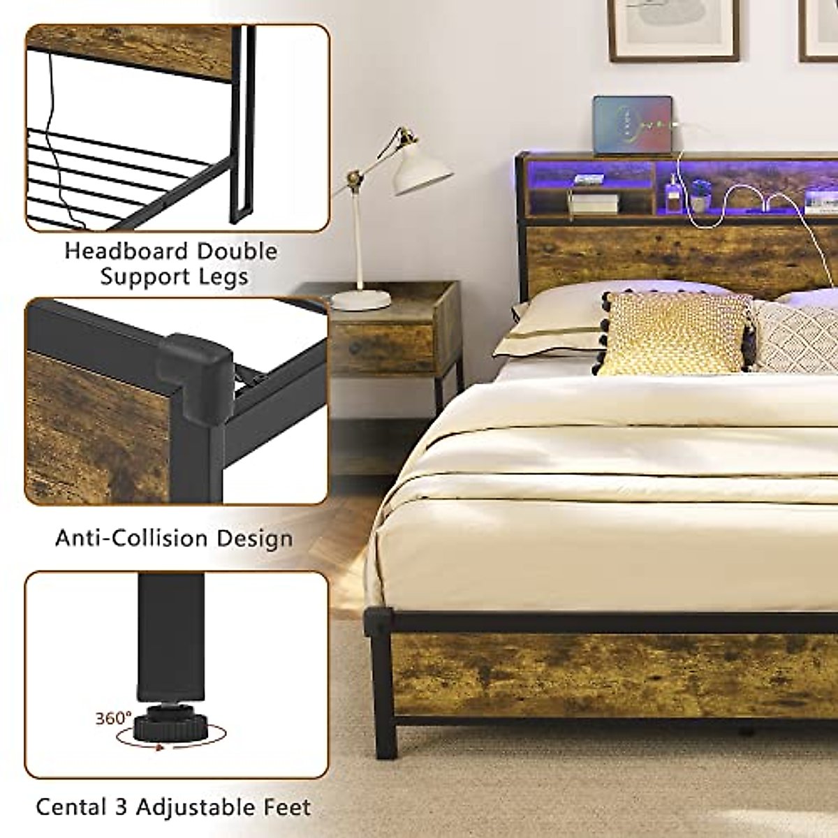 Alohappy Full Size Bed Frame with Led Bookcase Headboard and Charging Station，Metal Platform Bed Frame with RGB Light Strips, Sturdy and No Noise Easy Installation No Box Spring Needed
