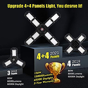 2 Pack LED Garage Light,Super Bright Screw in E26/E27 Ceiling Shop Work Lamp, 150W 15000 Lumen Deformable Basement Bulb Fixture with 8 Adjustable Panels, Commercial Bay Lighting for Workshop, Attic