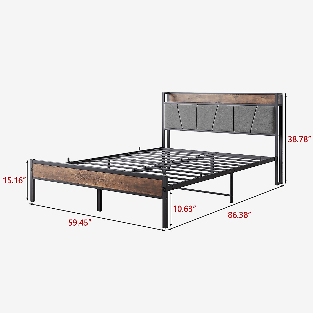 GJHOME Queen Size Bed Frame, Storage Headboard with Charging Station, Solid and Stable, Noise Free, No Box Spring Needed, Easy Assembly (Queen Size)