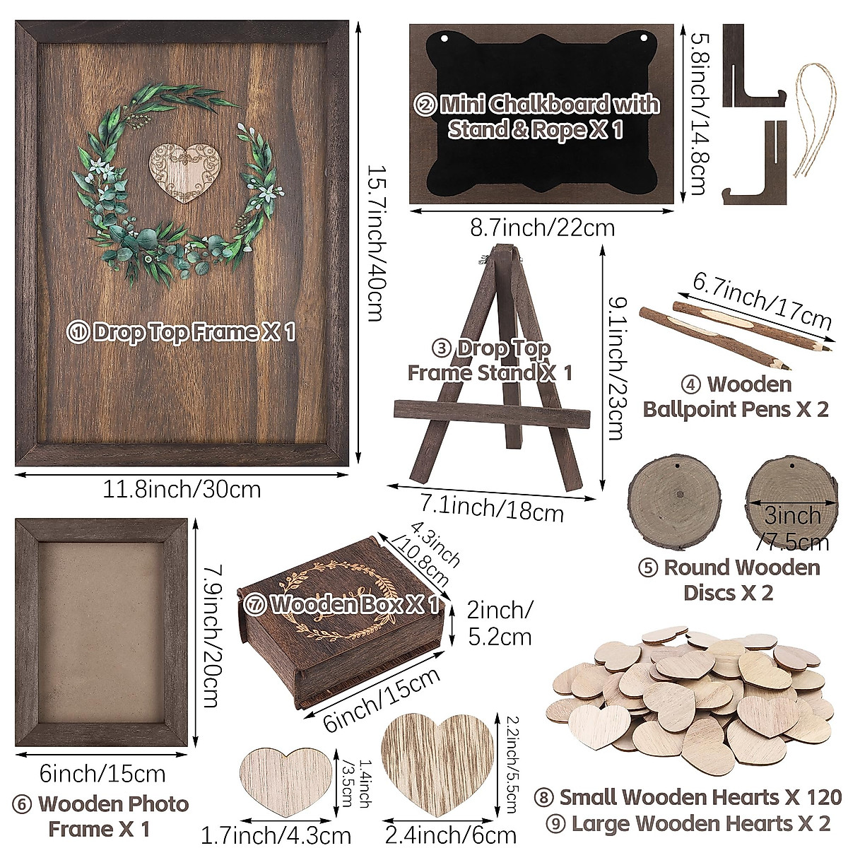 Aodaer Wedding Guest Book Alternative Drop Top Frame Heart Drop Wood Guest Book with Stand 122 Wooden Hearts Pens Box Mini Blackboard Rustic Wedding Decorations for Reception Baby Shower, Brown