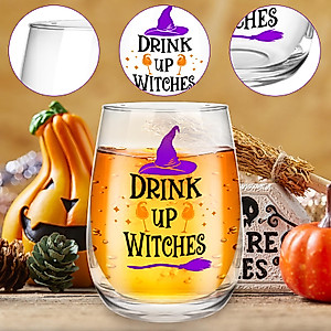 4 Pack Stemless Wine Glasses for Halloween, 15 Oz Funny Drinking Glasses Halloween Witch Cup Wine Glass Tumbler for Halloween Party Housewarming Gift Suitable Whiskey Cocktail Tea Water Juice