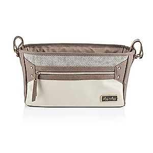 Itzy Ritzy Adjustable Stroller Caddy - Stroller Organizer Featuring Two Built-in Pockets, Front Zippered Pocket and Adjustable Straps to Fit Nearly Any Stroller, Vanilla Latte