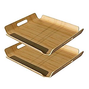 MXHAPPY Wood Serving Trays with Handles Bamboo Butler Trays Food Coffee Tea Breakfast Tray Rectangle Large, 18.1 X 14 Inch, 2 PCS
