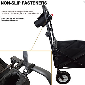 YEEDOIDO Non-Slip Organizer for Wagon, Parent Console Caddy with Cup Holders Universal for Folding Kids Pet Stroller Adjustable Straps Zippered Pockets Storage Phone Bag Attachment Accessories, Black