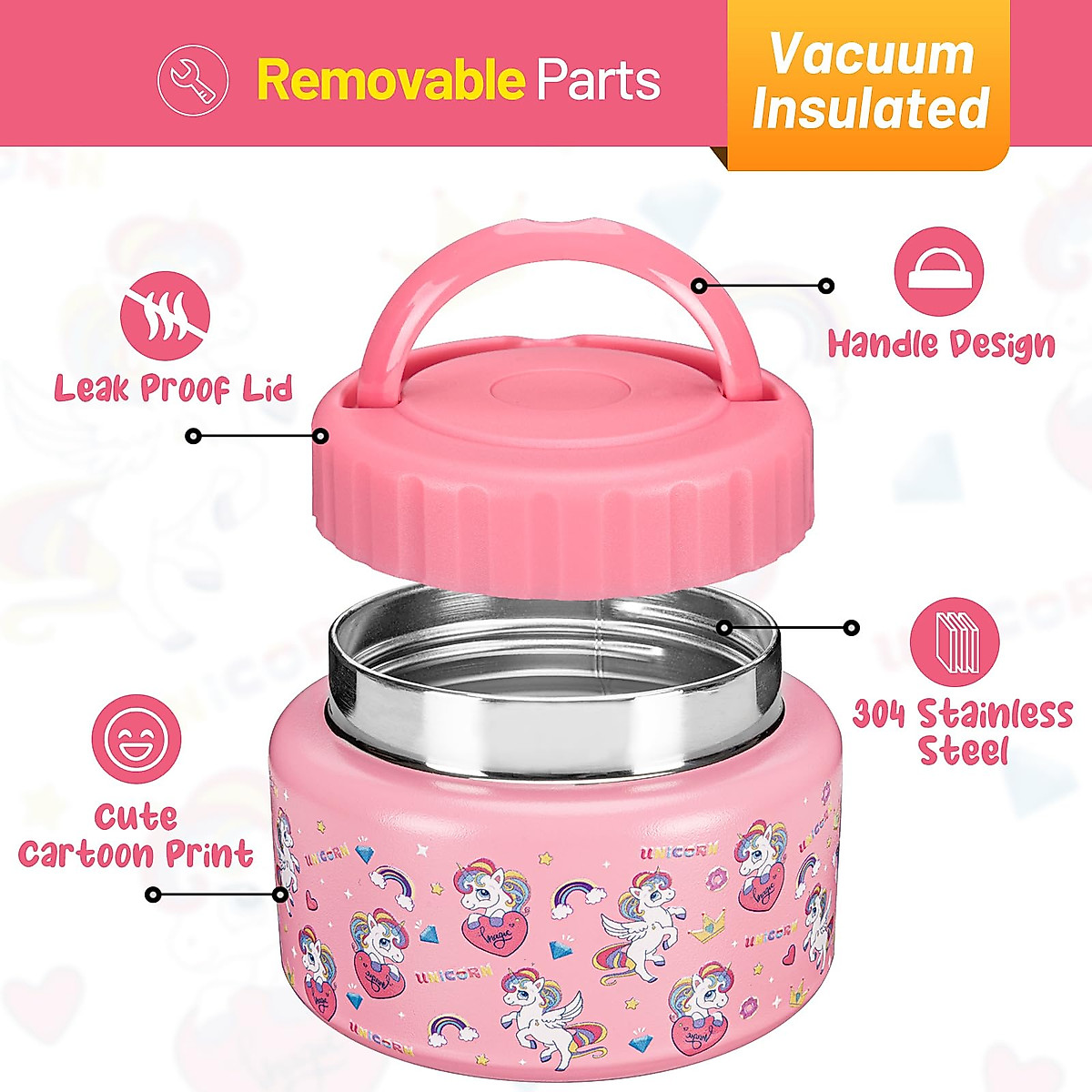 Charcy 8oz Thermo for Hot Food Kids, Wide Mouth Leak-Proof Soup Thermo, Insulated Food Jar for 4h Hot and 6h Cold - Pink Unicorn Y