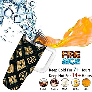 FOCIUZTA Vintage Gold Diamond Pattern Tumbler with lid, Travel Coffee Cup, Ideal for Easter, Gaming Enthusiast, Mother Day, and birthday gifts