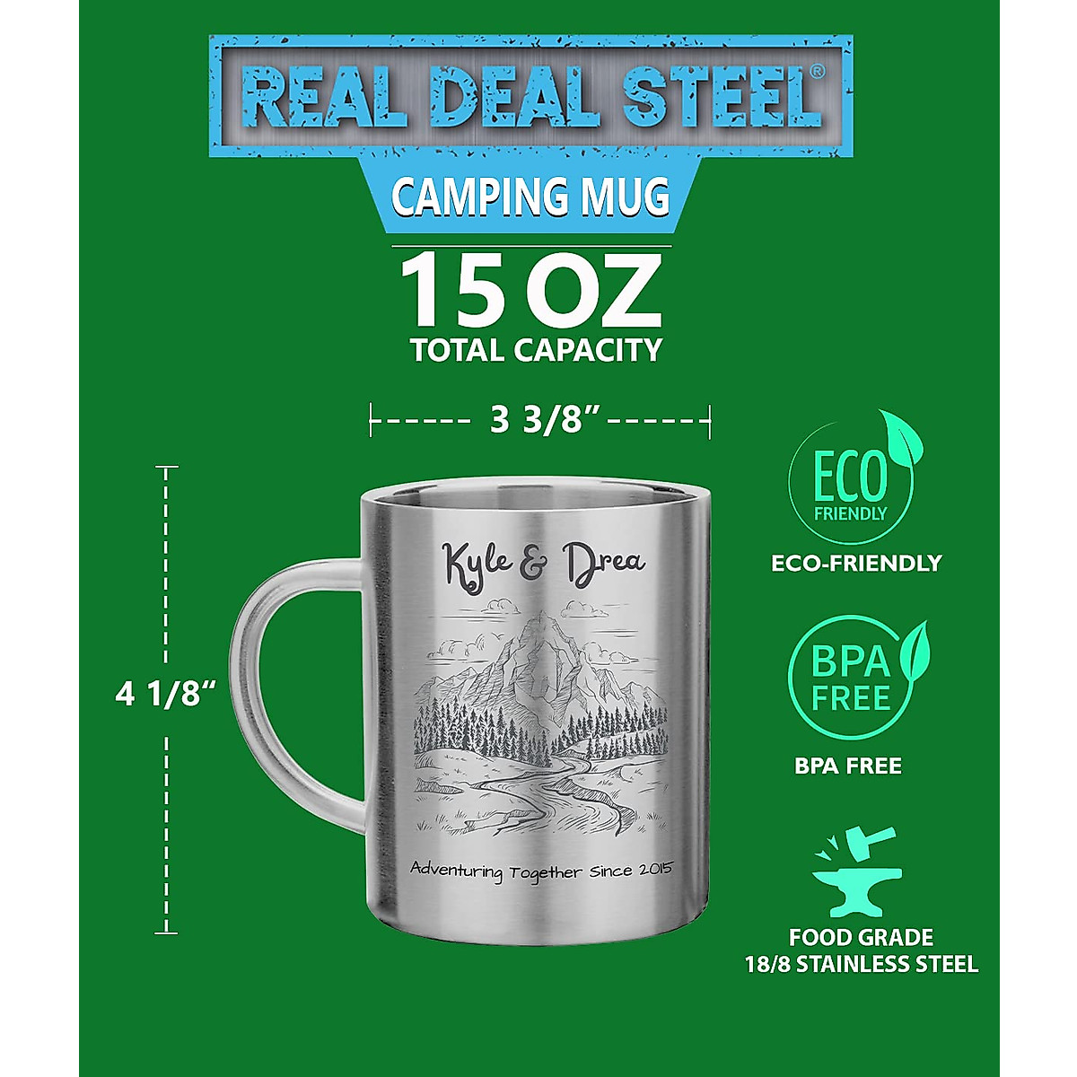 Camping Mug - Personalized Stainless Steel Camp Cup, Insulated, Double Wall for Coffee, Tea (Just Nature)
