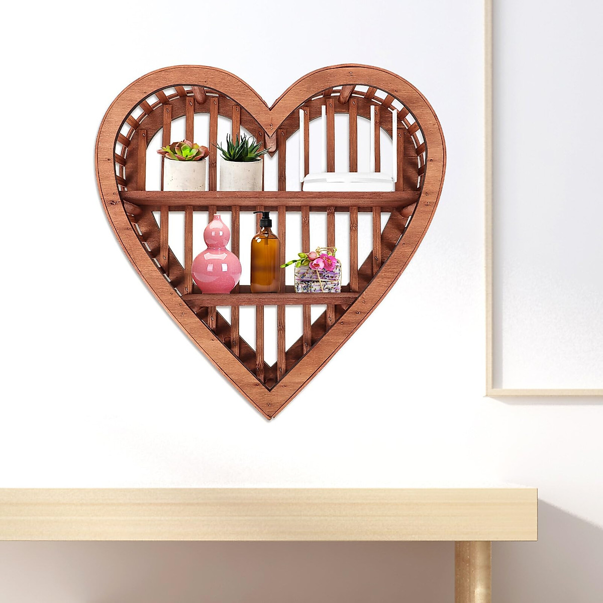 Uonlytech Decorate Decor Wooden Heart Display Shelf Heart Shelf for Hanging Wall Heart Shape Shelf Heart Shape Display Shelf Wood Heart Display Shelf Wall Heart Shelf Heart-Shaped Frame