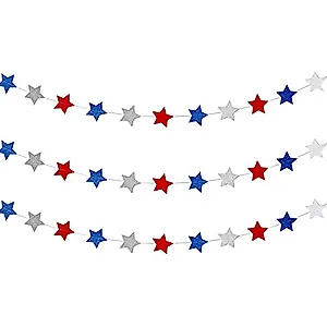 Frienda Red White Blue Star Streamers Patriotic 4th of July Decorations Sparkling Star Garland Hanging Decorations, 3 Pack