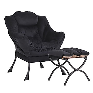 LITA Lazy Chair with Ottoman, Modern Accent Leisure Upholstered Sofa Chair, Contemporary Lounge Reading Chair with Armrests and a Side Pocket for Living Room, Bedroom & Small Space, Black