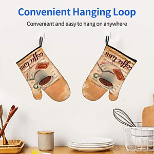 Microwave Oven Gloves,Coffee Theme Coffee Time Oven Mitts Heat Resistant Durable Kitchen Gloves Perfect for BBQ, Cooking, Grilling, Baking Set of 2,11inch