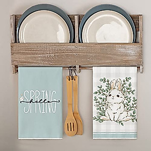 Artoid Mode Buffalo Plaid Bunny Rabbit Eucalyptus Leaves Happy Easter Kitchen Towels Dish Towels, 18x26 Inch Seasonal Spring Decoration Hand Towels Set of 4