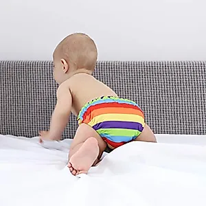 FreeSwimmingBaby Reusable Absorbent Swim Diaper Washable Striped Swim Trunks for Baby Boys and Girls (S, Rainbow)