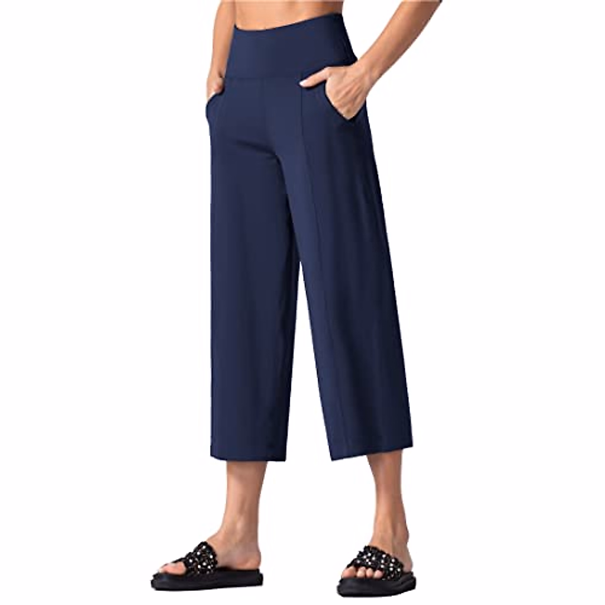 THE GYM PEOPLE Bootleg Yoga Capris Pants for Women Tummy Control High Waist Workout Flare Crop Pants with Pockets (Navy Blue, X-Large)