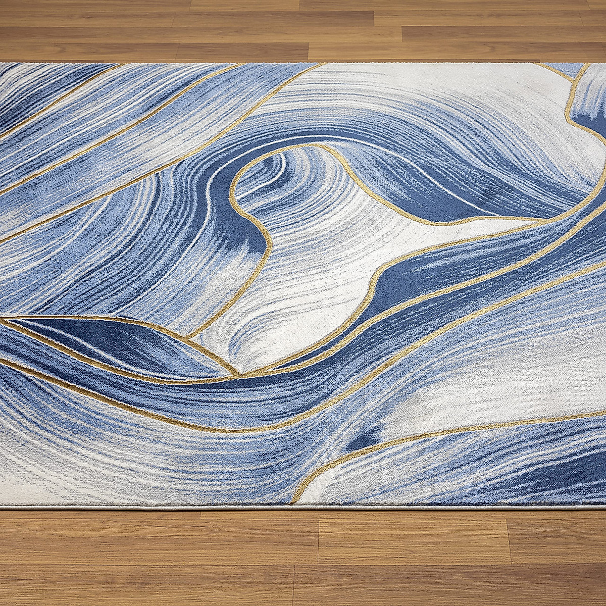 Abani Blue & Ivory Metallic Contemporary Ribbon Area Rug, Rugs Swirl Design Neutral Non-Shed 6' x 9' Bedroom Rug