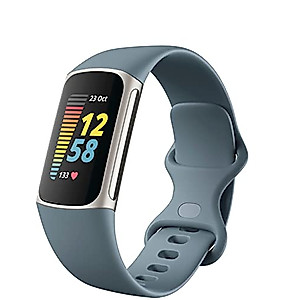 Fitbit Charge 5 Advanced Fitness, Health Tracker with Built-in GPS, Stress Management Tools, Sleep Tracking, 24/7 Heart Rate & More, Platinum, Mineral Blue, One Size S & L Band, Steel Blue (Renewed)