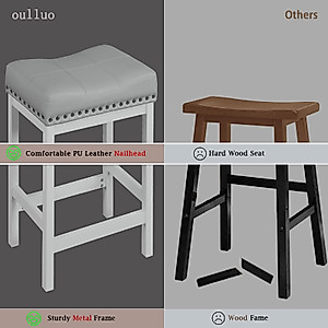 OUllUO Gray White Bar Stools Set of 2, Counter Height Bar Stools, Saddle Barstools, Pu Leather Stools with Metal Frame for Kitchen Island, 918P-NG