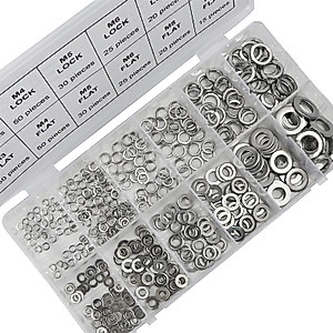Split Lock and Flat Washer Assortment Set 304 Stainless Steel 400 Piece Silver, M3 M4 M5 M6 M8 M10 (Silver)