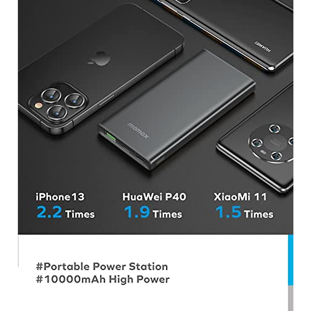 MOMAX Portable Charger, 10000mAh 20W PD Aluminum Ultra Slim Power Bank 3A High-Speed Thin Phone Charger with 2 Input & 2 Output Compatible with iPhone, Samsung Galaxy, MacBook, Pixel & More (Grey)