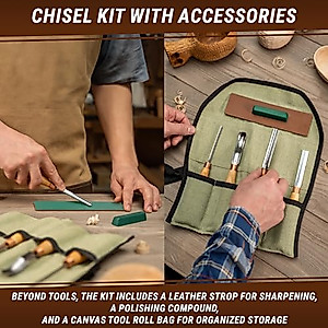 BeaverCraft, Wood Carving Chisel Set SC01 - Gouge Wood Carving Tools Kit in Rolling Pouch with Leather Strop Polishing Compound Kit - Radial Gouges Flat Chisel Bent Gouge (Chisel Set)