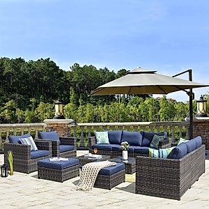 ovios Patio Furniture Set, 12 PCS Big Size Outdoor Furniture Set All Weather Rattan Wicker Sofa Sectional Set with Glass Table, Garden, Backyard, No Assembly Required (Grey-Denim Blue)