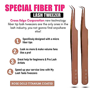 My Lash Tools - Fiber Tip Lash Tweezers for Eyelash Extensions Professional SET OF 3 Volume Boot, Isolation, & Curved Tweezers set Japanese Steel Lash Extension Supplies (Rose Gold)