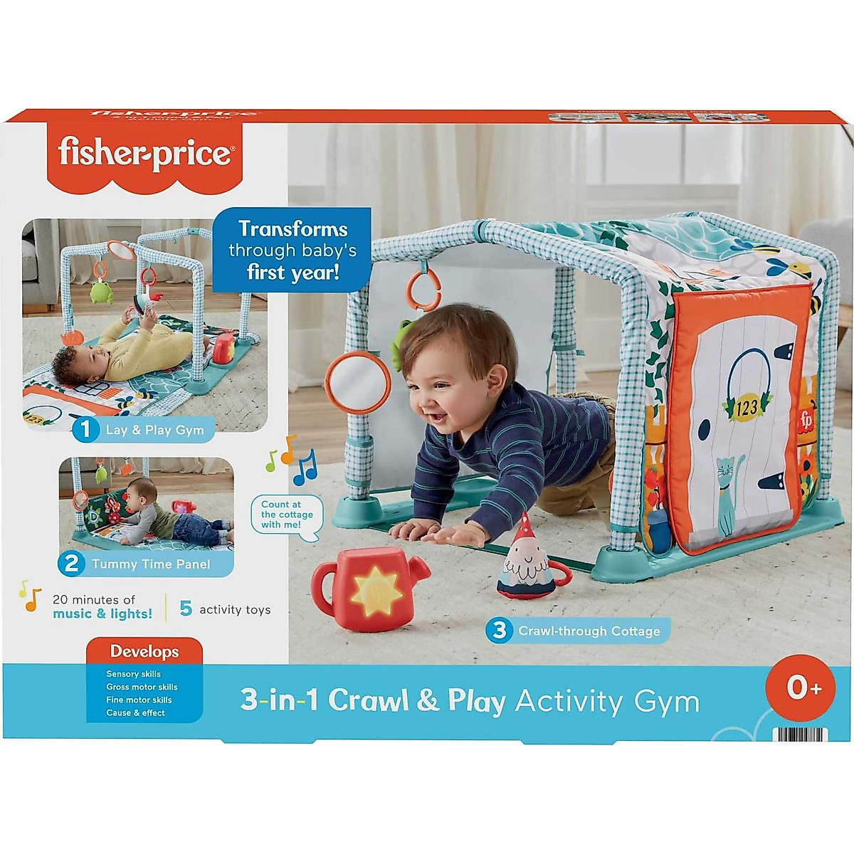 Fisher-Price Baby Playmat 3-in-1 Crawl & Play Activity Gym, Cottage Theme with Tunnel & Developmental Toys for Newborns 0+ Months