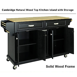 YWUFUART Solid Wood Kitchen Trolley with Storage Cabinet, Rolling Mobile Kitchen Island with Seasoning Rack and Towel Rack for Kitchen (Black)