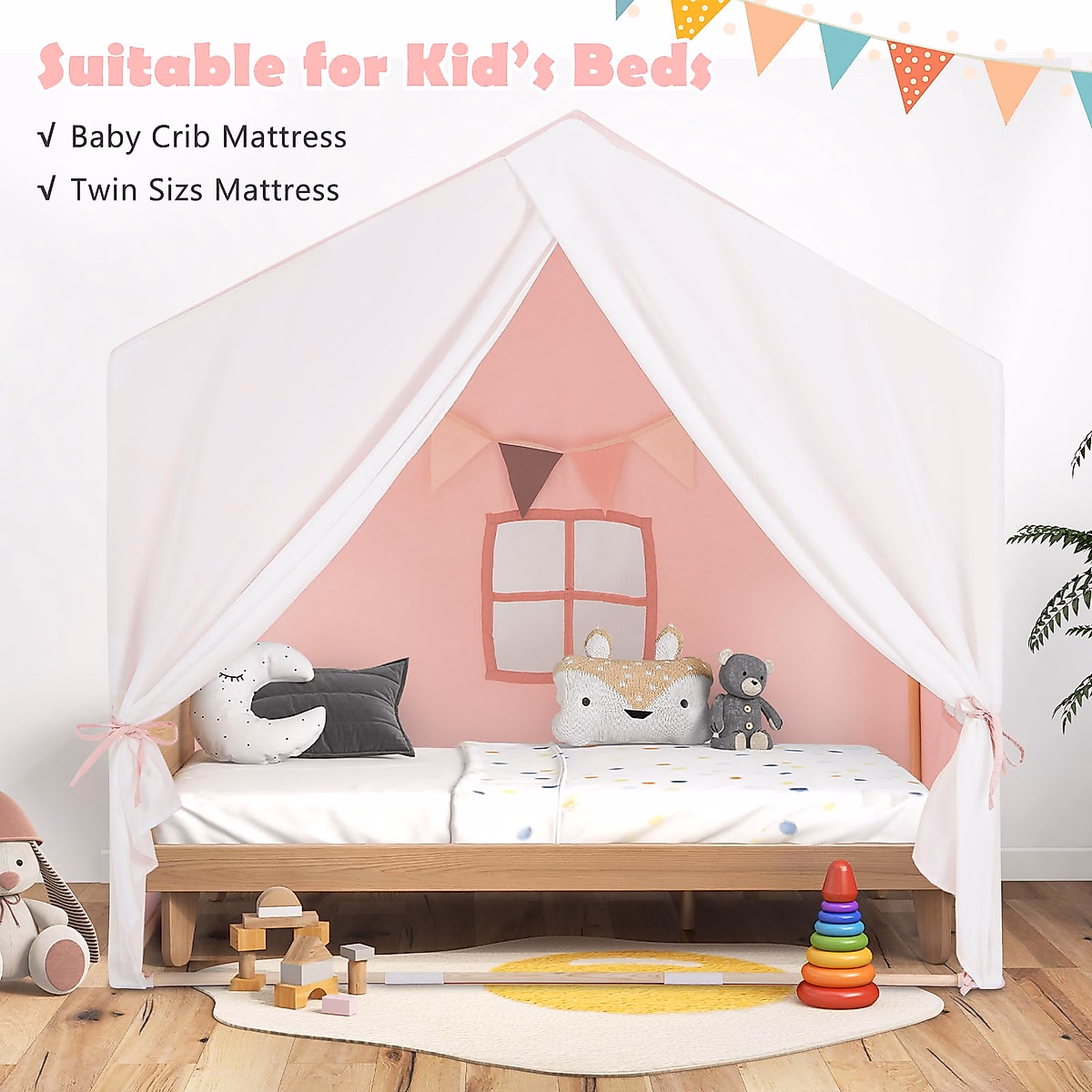 HONEY JOY Kids Play Tent, Toddler Tent Indoor Playhouses with Mat, Windows, Curtain, Solid Wood Frame, 52" x36" x 52", Large Children Princess Castle Play Tent for Boys Girls (Pink)