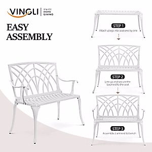 VINGLI 38" Outdoor Bench Cast Aluminium Garden Bench, Orchid Porch Bench Patio Bench Deck Furniture for 1-2 Person Seat(White)