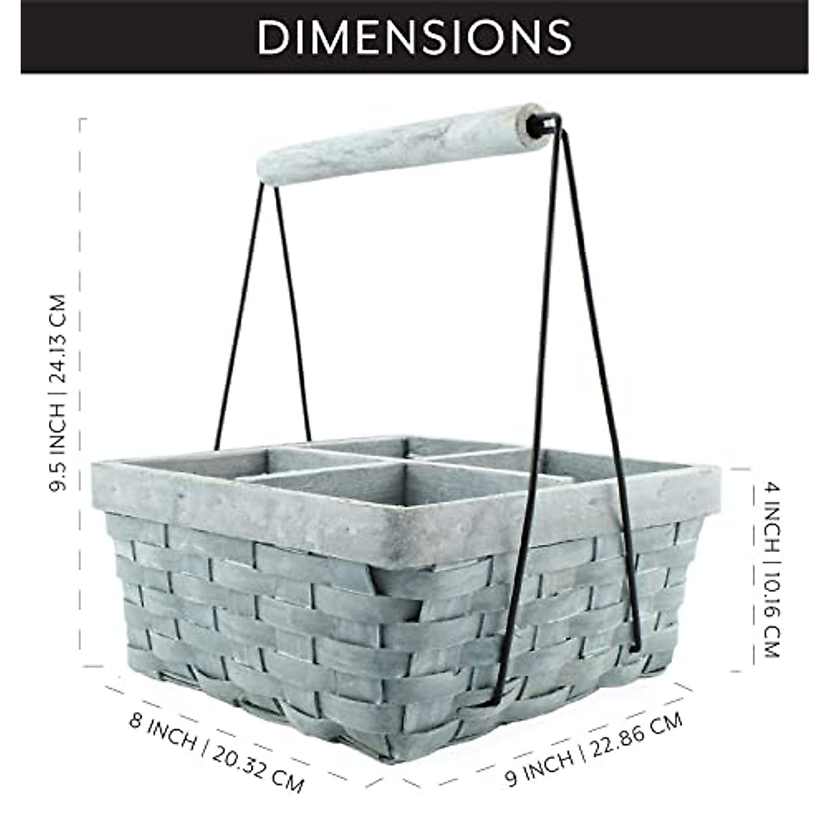 AuldHome Wood Basket Caddy (Gray Washed), 4-Compartment Carry-All Divided Organizer, Great for Easter/Spring Gift Basket