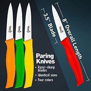 Slitzer Germany 4-Piece Paring Knife Set, 3 1/2 Inch Blade, German Stainless Steel, Colored Handles, Red, Yellow, Green, Orange