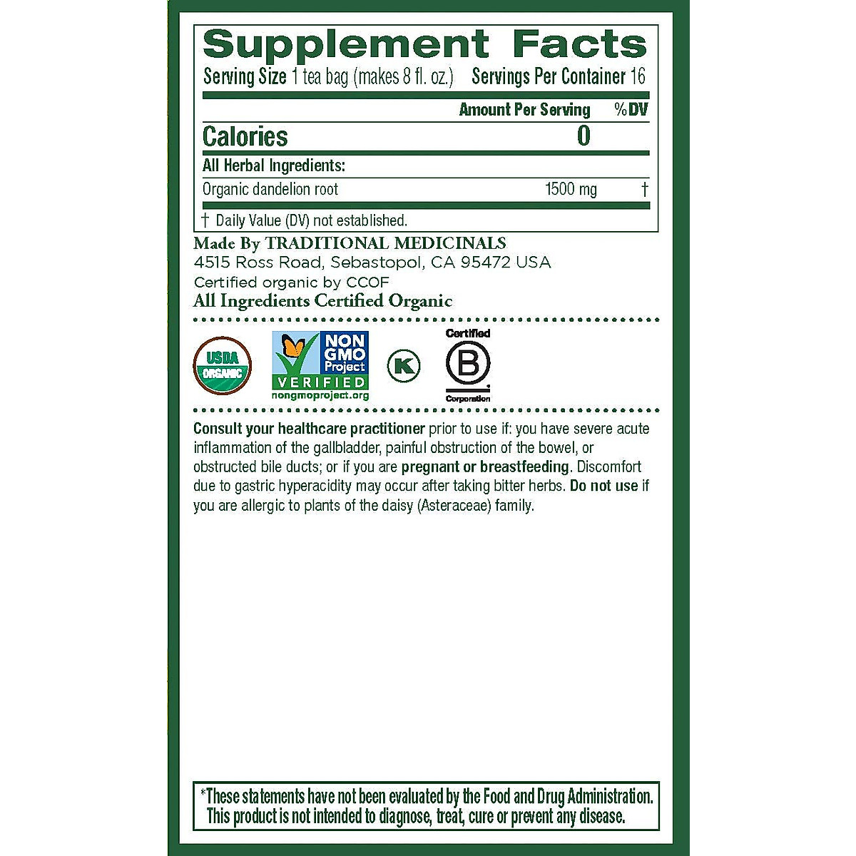 Traditional Medicinals Organic Roasted Dandelion Root Herbal Tea, Supports Healthy Digestion, (Pack of 1) - 16 Tea Bags