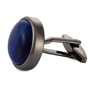 VIILOCK Round Cat Eye Cufflinks for Men Dark Blue Opal Cuff Links in Gun Black Business Shirt