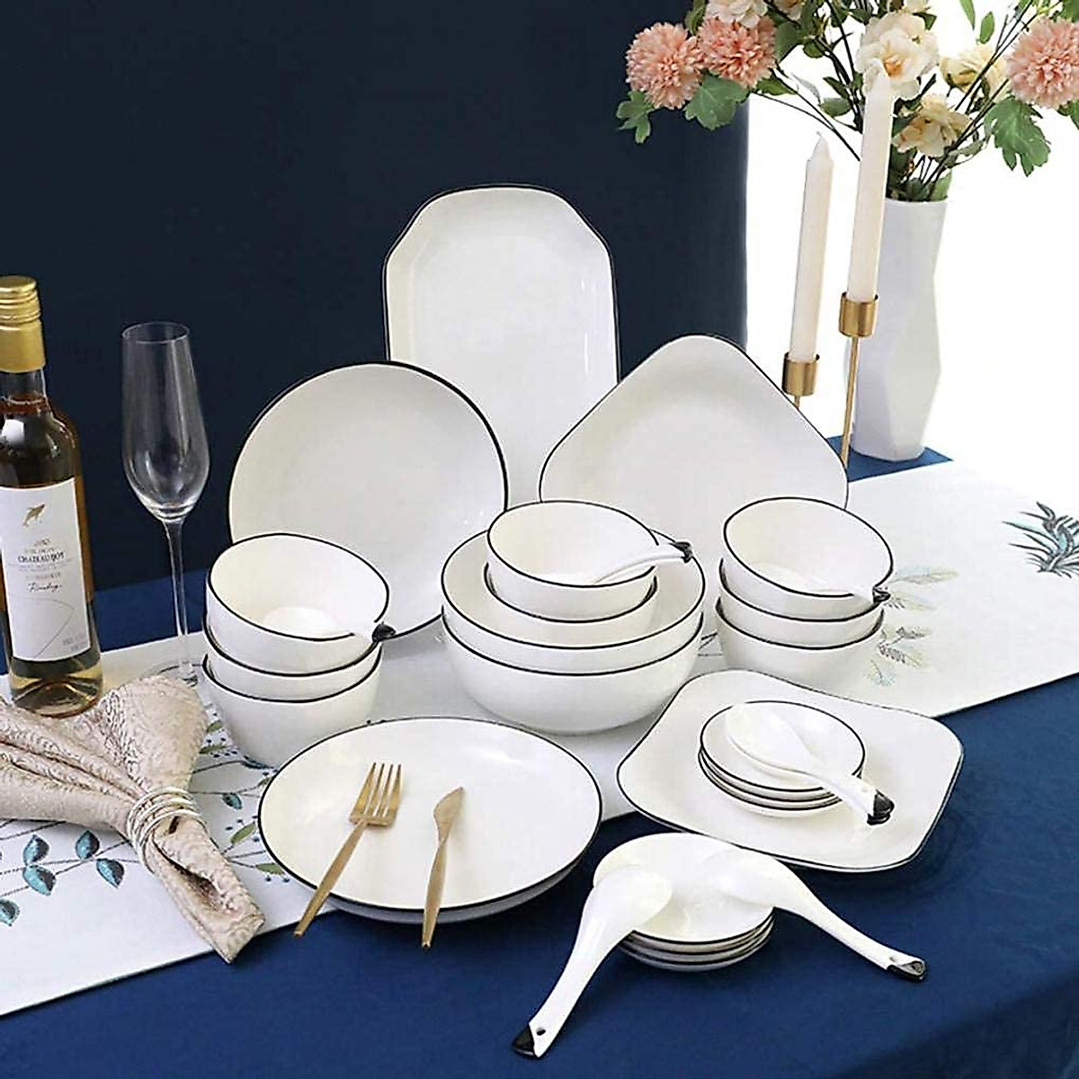 Dishes/Plate/Bowl Set,Simplest White Black Lines Ceramics Dinnerware Set of 29 Pieces Porcelain Dinner Set for Family Service for 8 People