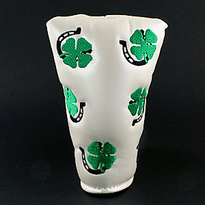 Clover and Horseshoe Headcover for Blade and Midsize Mallet Putter, White, Golf Head Cover