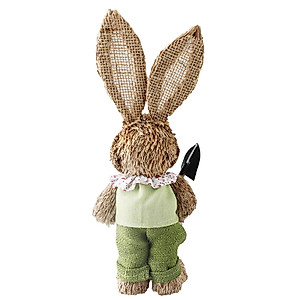 Alapaste Standing Easter Bunny Figures,14.2inch Funny Sisal Easter Bunny Holding Shovel Wearing Green Nest for Party and Home Garden Decor, for Kids
