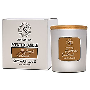 Mysterious Sandalwood Scented Candle - Aromatherapy Candle with Essential Oil - Soywax Candle - Up to 45 Hours Burn Time - Glass Candle Gift - Soy Wax Candles for Home Scented - Home Scented Candles