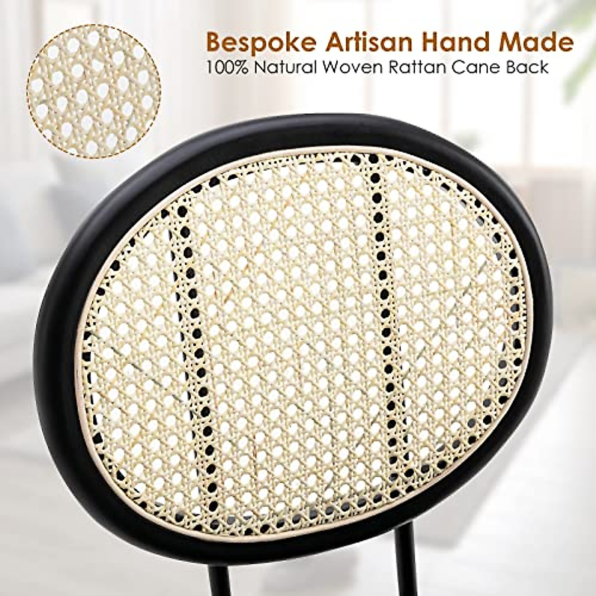 Jaxsen Faux Leather Indoor Kitchen Dining Chairs Set of 4 with Rattan Backrest, Modern Industrial Upholstered Chairs mid Century Metal Dining Chair Suitable for Dining Room Wine Coffee Bar, Black,18"