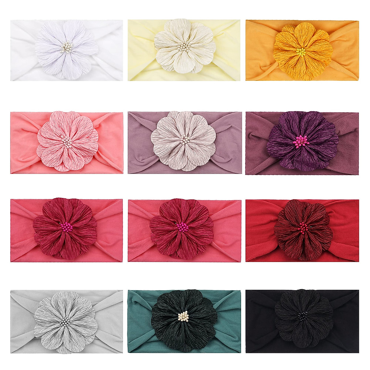 CellElection 12PCS Baby Flower Headbands Handmade Flower Hair Bow Knotted Soft Nylon Hairbands Turban Head Wrap Hair Accessories for Baby Girls Newborns Toddlers Infants