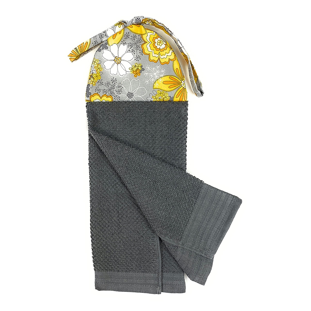 White and Yellow Flowers on Grey Gray Ties On Stays Put Kitchen Hanging Loop Hand Dish Towel