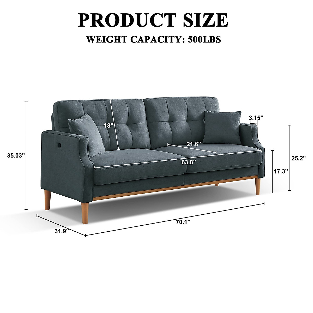 ARCLIS 70" Blue Mid-Century Modern Loveseat with USB Charging Ports, Tufted Upholstered Couch with Solid Wood Leg for Small Space Apartment Office